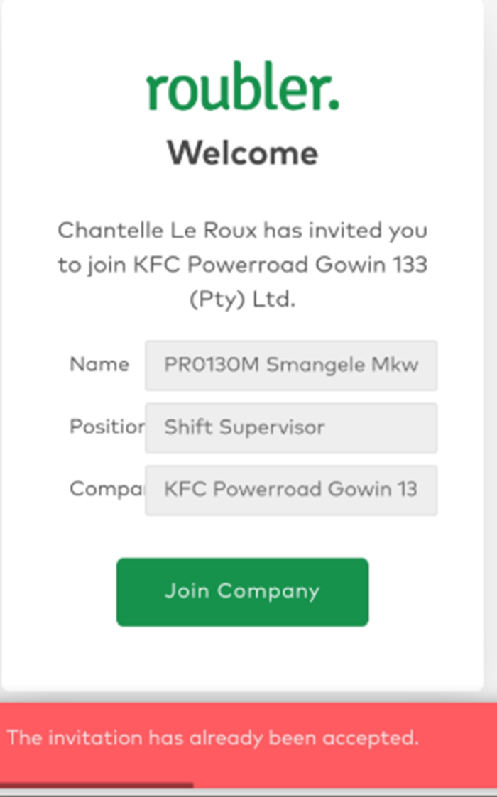 Error - The invitation has already been accepted – Roubler Implementations